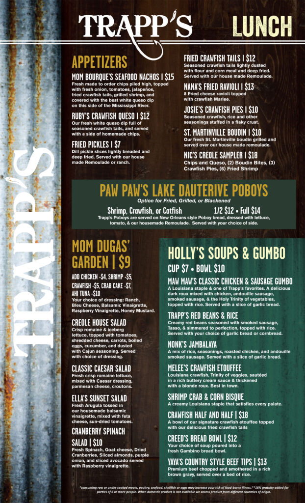 Full Menu - Trapp's on the River
